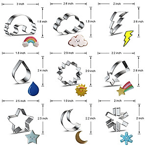 Weather Cookie Cutter Set for Baking - 9 Piece - Rainbow Cloud Lightning Bolt Raindrop Sun Shooting Star Moon Snowflake Cookie Cutters Shapes Molds for Kids Holiday Birthday Party Supplies Favors
