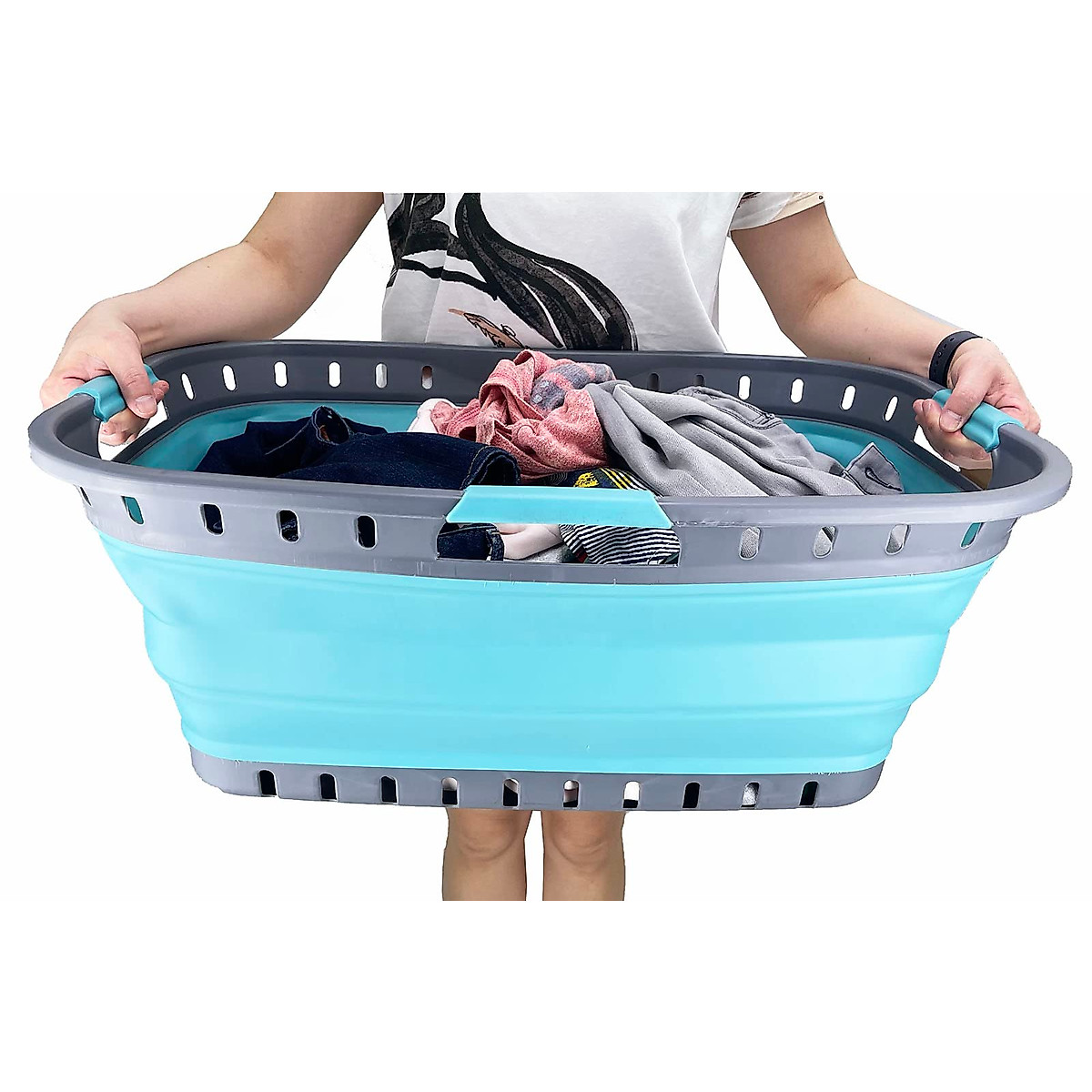 SAMMART 44L (11.6 gallon) Collapsible Plastic Laundry Basket-Foldable Pop Up Storage Container-Portable Washing Tub-Space Saving Hamper, Water Capacity: 35L (9.2 gallon) (Grey/Crystal Blue)