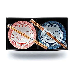 Fuji Merchandise Japanese Porcelain Multi Purpose Tayo Bowl Maneki Neko Lucky Cat Meow Design Set of 2 with Chopsticks Gift Set Made In Japan