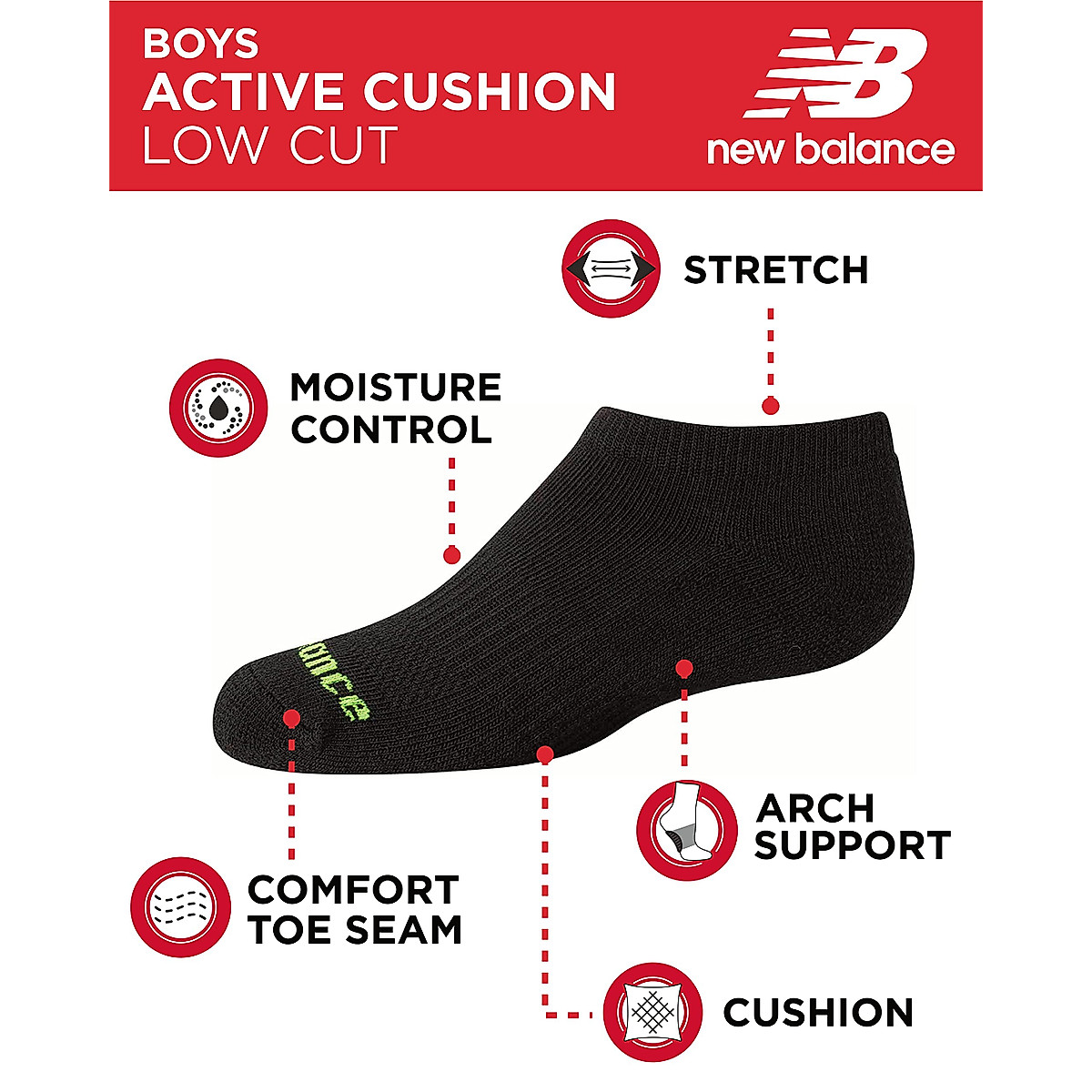New Balance Boys' Low Cut Socks - 16 Pack Cushioned Athletic Low Cut Ankle Socks for Boys - Breathable Boy's Sports Socks, Size Large, Black