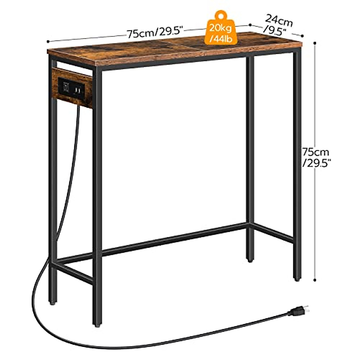 HOOBRO 2 Pack Narrow Console Table with Outlets, 29.5" Small Entryway Table, Thin Sofa Table, Side Table, Display Table, for Hallway, Bedroom, Living Room, Foyer, Rustic Brown and Black
