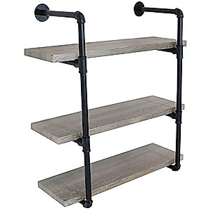 Sunnydaze 3-Tier Wall-Mount Bookshelf - Industrial Pipe Style Frame with Veneer Floating Shelves - Holds Books, Media, Storage Cubes, DVDs and More - Oak Gray