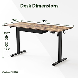 Agilestic Adjustable Height Electric Standing Desk with Storage Wooden Drawer, 55 x 24 Inches Stand Up Home Office Computer Gaming Table for Work Office Home, Rustic Brown