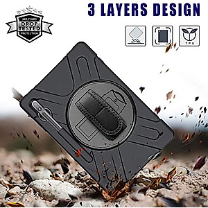 Gerutek Galaxy S7FE/S8 Plus/S7 Plus 12.4" Case 2022/2020, 3-Layer Shockproof Structure Samsung Galaxy S8+ /S7+ Tablet Case with Pen Holder, Rotatable Kickstand, Shoulder/Hand Strap, Black