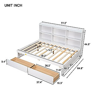 Harper & Bright Designs Full Bed with Storage Drawers and Side Bookcase, Solid Wood Platform Frame, Full Size Daybed Sofa for Bedroom Living Room (Full Size, White) White(side Bookcase)