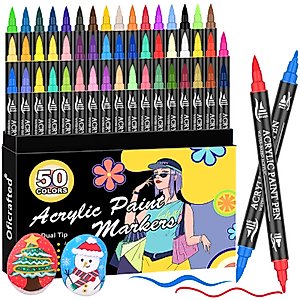 Oficrafted Acrylic Paint Pens, 50 Colors Dual Tip Markers with Fine and Brush Tip, Premium Marking Pens Set for Rock, Wood, Plastic, Fabric Painting and DIY Crafts