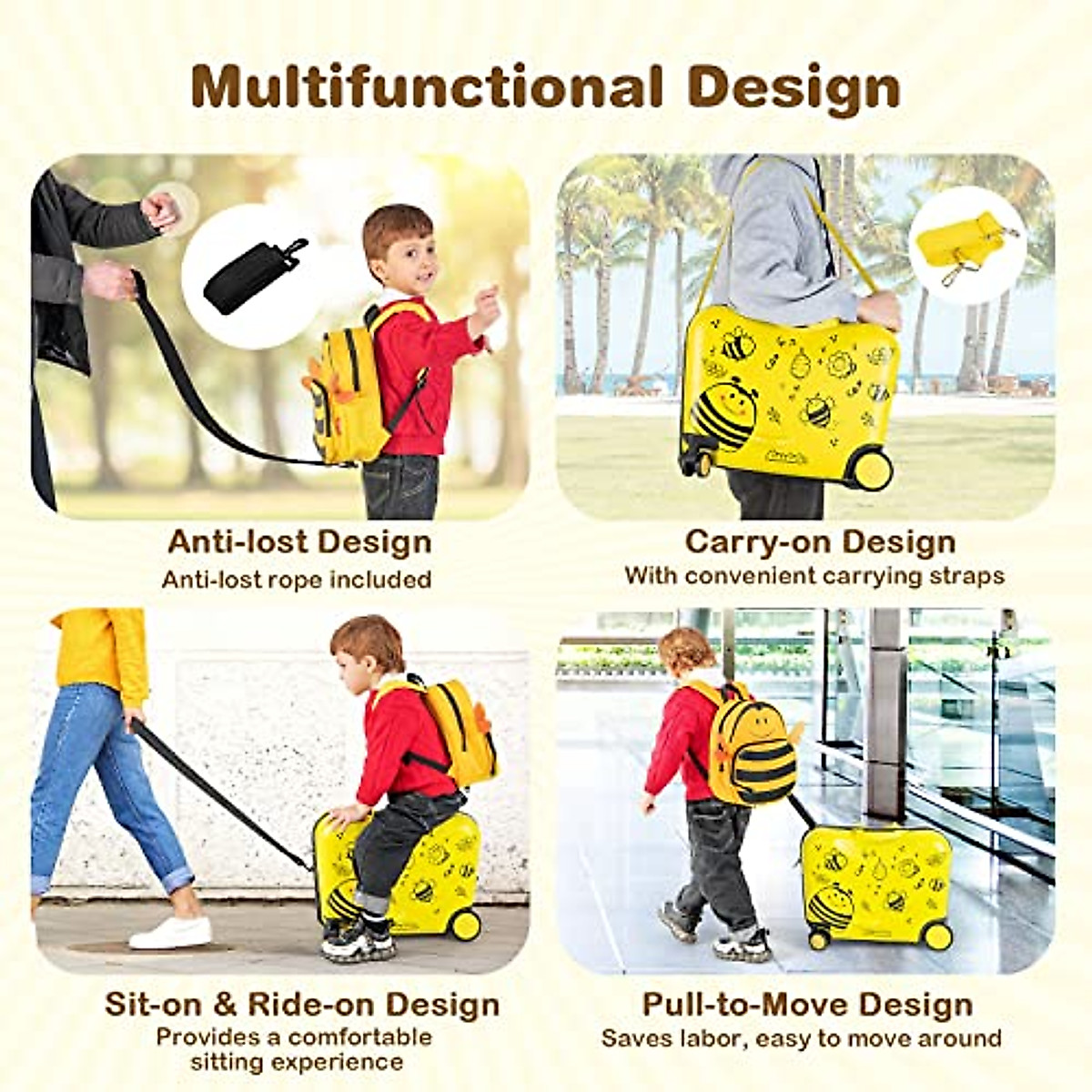 BABY JOY 2PC Kids Luggage Set, 4 in 1 Toddler 18” Ride-on & Carry-on Hardshell Suitcase with Wheels, Anti-Lose Rope, 12” Backpack Set, Lightweight Travel Rolling Trolley for Boys Girls (Cute Bee)