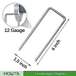 HOUYA 50 Pack Landscape Staples 4 Inch 12 Gauge Garden Stakes Galvanized Garden Staples Pins Anti-Rust Ground Stakes for Weed Barrier, Irrigation Tubing, Yard Lawn, Landscape Fabric