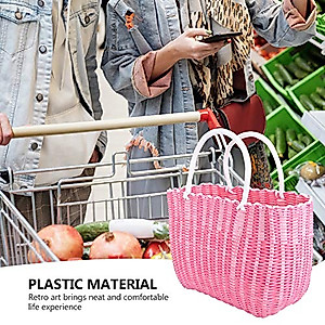Housoutil Woven Grocery Bag, Plastic Market Basket Reusable Shopping Bag with Handle, Tote Bag Fruit and Vegetable Bags- Pink(About 35.00X24.00X14.00cm; 13.76X9.43X5.50in)