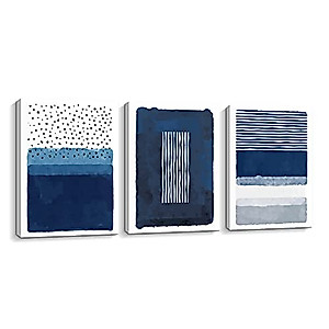 Creoate Blue Canavs Wall Art for Living Room Decor 3 Pieces Abstract Blue and White Painting Canvas Print Framed Artwork Set for Bedroom Decor Navy Blue Canvas Wall Decor, Ready to Hang, 12x16 Inch x3pcs