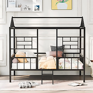 MERITLINE House Bed Full Size Kids Bed Frame Metal Platform Bed Frame, No Box Spring Needed, for Girls Boys - Black