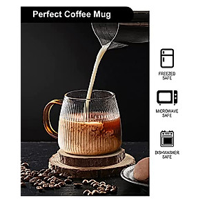 ZHMTang Premium Unique Glass Coffee Mugs Set of 2 Fancy Cups with Stylish Vertical Stripes Pattern - Light Yellow Handle (Clear)