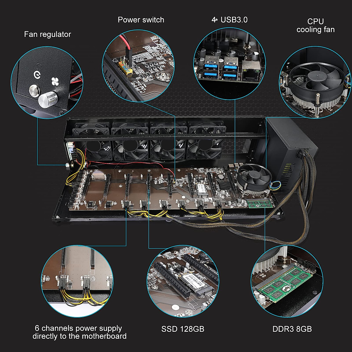 SUOHUI GPU Mining Rig Complete System for Ethereum Classic ETC, ETH, RVN, Flux, Ergo Crypto Miner with 8 GPU Mining Motherboard,PSU, RAM,SSD, Stackable Mining Frame Machine(without GPUs)
