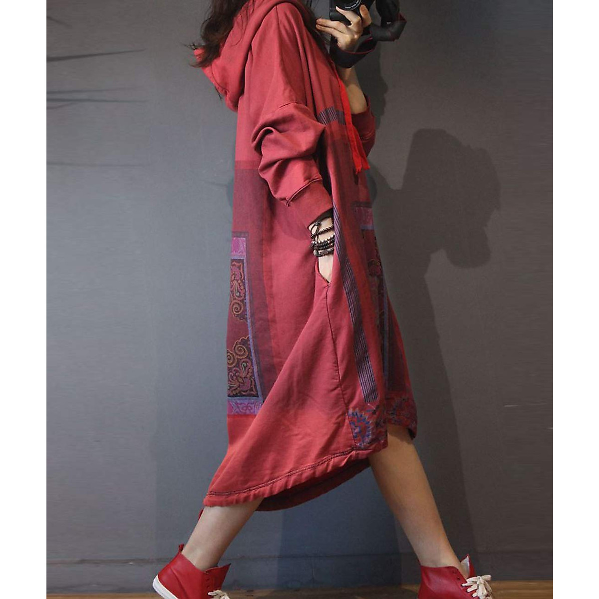 YESNO Women Casual Loose Ethnic Floral Hoodies Sweatshirts Jackets Curved Hemline with Drawstring Long Sleeve/Pockets JCJ (One Size YK9 Red)