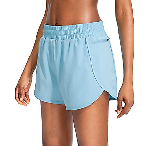 Soothfeel Womens Running Shorts with Zipper Pockets High Waisted Athletic Gym Workout Shorts for Women with Liner Light Blue