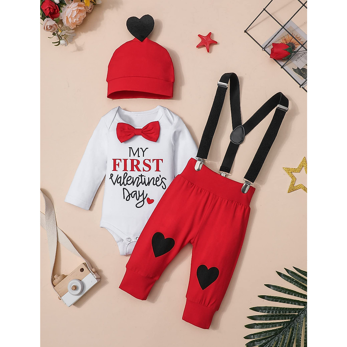 Baby Boy Valentines Day Outfit, Cute Letter Printed Long Sleeve Romper with Bow Tie + Pants + Hat 3Pcs Set