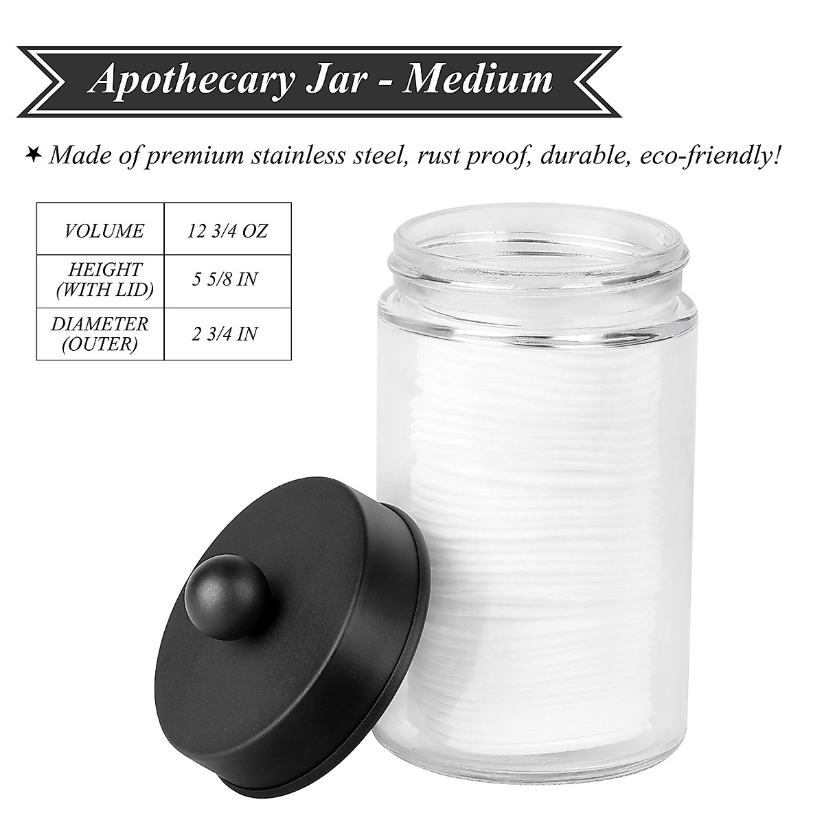 Apothecary Jars 3 Pack - Glass Bathroom Containers with Stainless Steel Lids - Rustic Farmhouse Decor Bathroom Accessories, Vanity Organizer Apothecary Jars for Qtip/Cotton Balls (Matte Black)