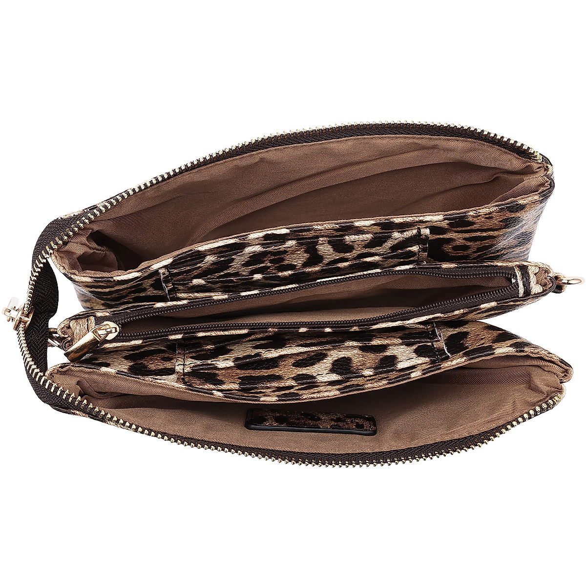 B BRENTANO Vegan Leather Multi-Pocket Crossbody Purse/Clutch with Card Slots, Removable Wristlet & Adjustable Shoulder Strap (Leopard Black)