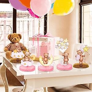 9 Pcs Bear Baby Shower Honeycomb Centerpieces Party Decorate Pink Little Bear Balloons Paper Topper Honeycomb 3D Table Decoration for Kids Party Baby Shower Party Supplies
