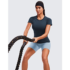 CRZ YOGA Seamless Workout Tops for Women Short Sleeve Athletic Tees Breathable Gym Running Yoga Shirts Twilight Blue Medium