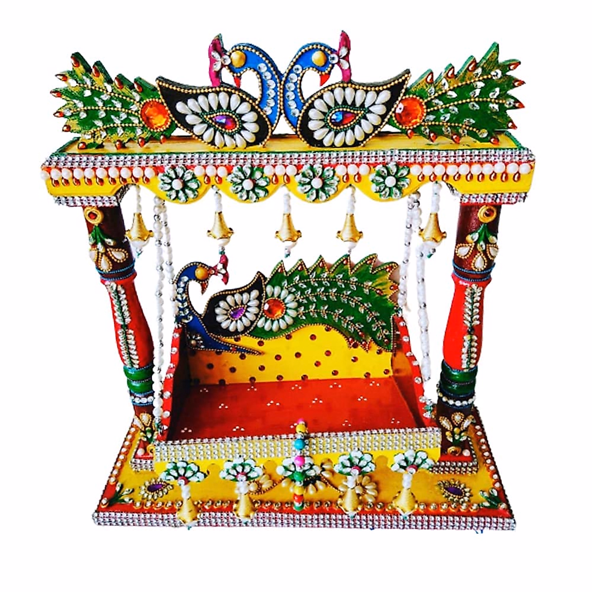 Kundan Work Laddu Gopal Bal Gopal Krishna Wooden Swing Jhula(41x41 cm) Seating Area 10x10 inches & 5 Number Laddu Gopal Seating with Multi-Color Stone Pearl