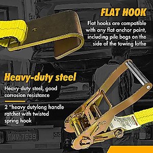 Car Tie Down Straps for Trailers (4PK) Flat Hooks Lasso Style and 2'' X 96'' Tie Down Webbing Easily Secure Tire Tie-Downs for Any Car, SUV, Jeep or Sports Car