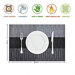 GIVERARE Placemats Set of 4, Heat-Resistant Woven Vinyl Placemat, Non-Slip Washable PVC Table Mat, Easy to Clean Premium Plastic Table Mats for Dining Table, Kitchen Table (Black+Gray)