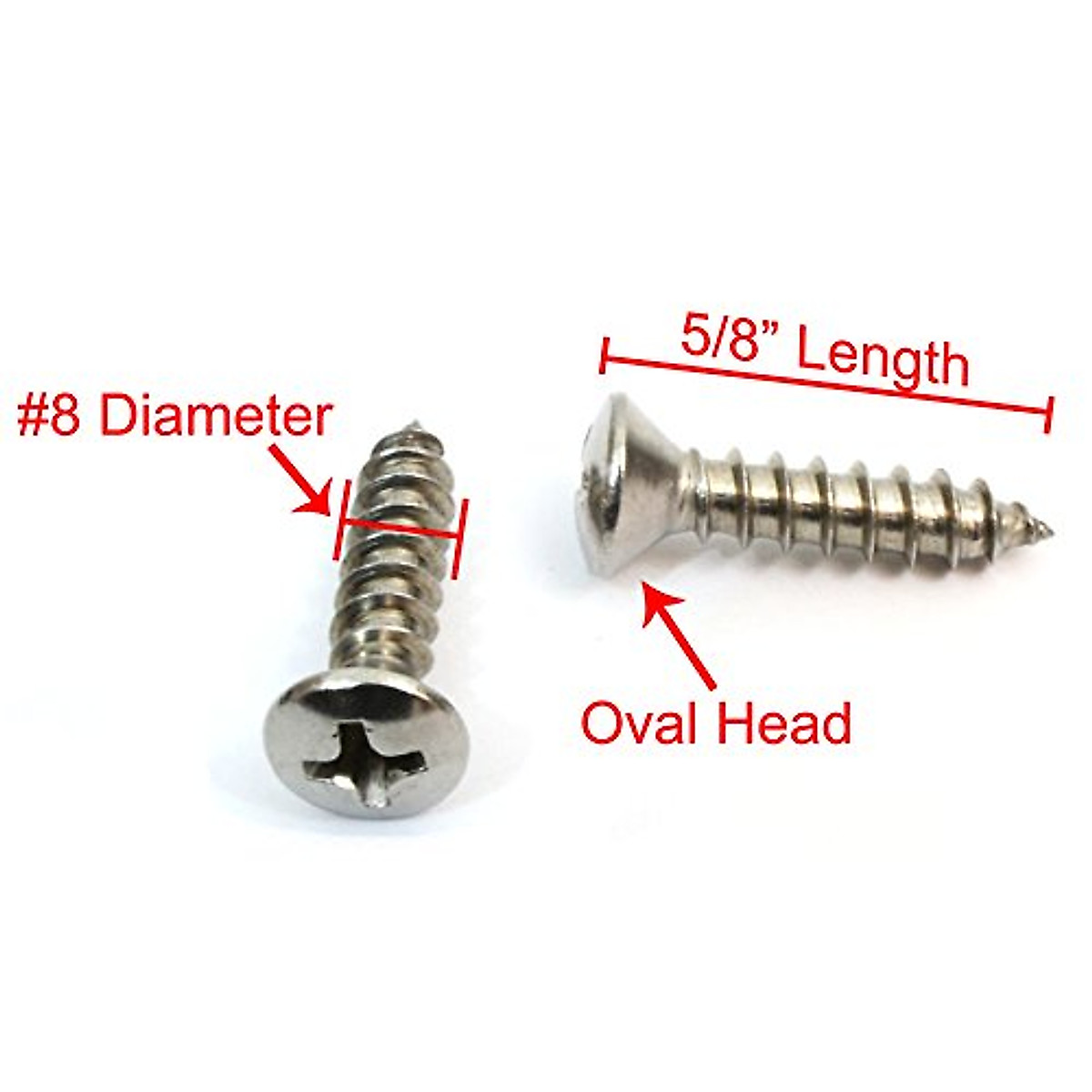 Bolt Dropper No. 8 x 5/8" Stainless Oval Head Phillips Wood Screw, (100 pc), 18-8 (304) Stainless Steel Sheet Metal, Type A Point, Plain Finish