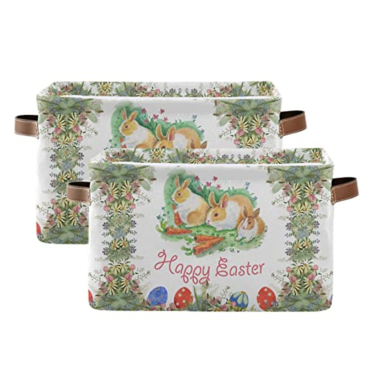 ALAZA Happy Easter Bunny Rabbit Egg Floral Foldable Storage Box Storage Basket Organizer Bins with Handles for Shelf Closet Living Room Bedroom Home Office 2 Pack