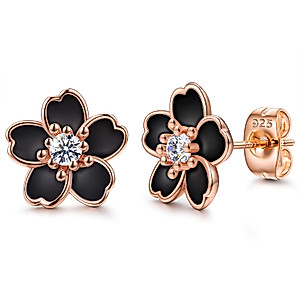925 Sterling Silver Stud Earrings,Cute Flower Ear Studs for Women,White/Black/Rose Gold Plated, Hypoallergenic Jewelry Gift (Black)