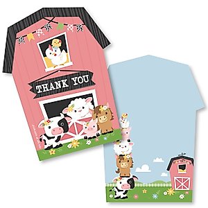 Big Dot of Happiness Girl Farm Animals - Shaped Thank You Cards - Pink Barnyard Baby Shower or Birthday Party Thank You Note Cards with Envelopes - Set of 12