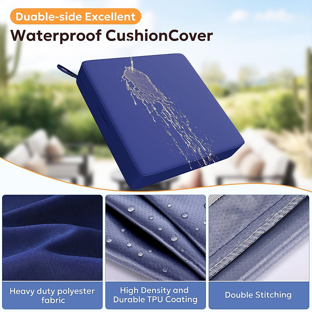 Gorpche Outdoor Deep Seat Set, Waterproof Outdoor Chair Cushions for Patio Furniture, Removable Patio Cushions Include Back Pillow & Seat Bottom with Ties, Foam, and Hidden Zipper-24 x 24 Inch, Blue