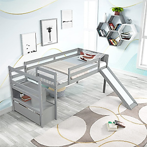 Low Loft Bed with Slide and Stairs Twin Loft Bed with Storage Wood Bed Frame for Kids Teens Girls Boys， Gray