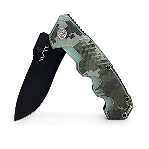 BGT Folding Pocket Knife 3.4 Inch Black Blade and Lightweight G10 Handle Survival Tool Knives Carry Velvet Bag, Sharpener (Camo)