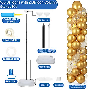 2 Sets Metallic Gold Balloon Column Stand Kit with 100 Balloons Adjustable Balloon Tower Stand with Bases for Floor Gold Confetti Balloons Column Kit for Birthday Wedding Anniversary Graduation Party