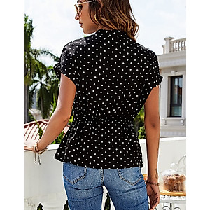 Womens Button Down Blouses Casual Peplum Summer Tops Dressy Chiffon Work Blouse Polka Dot Black Large
