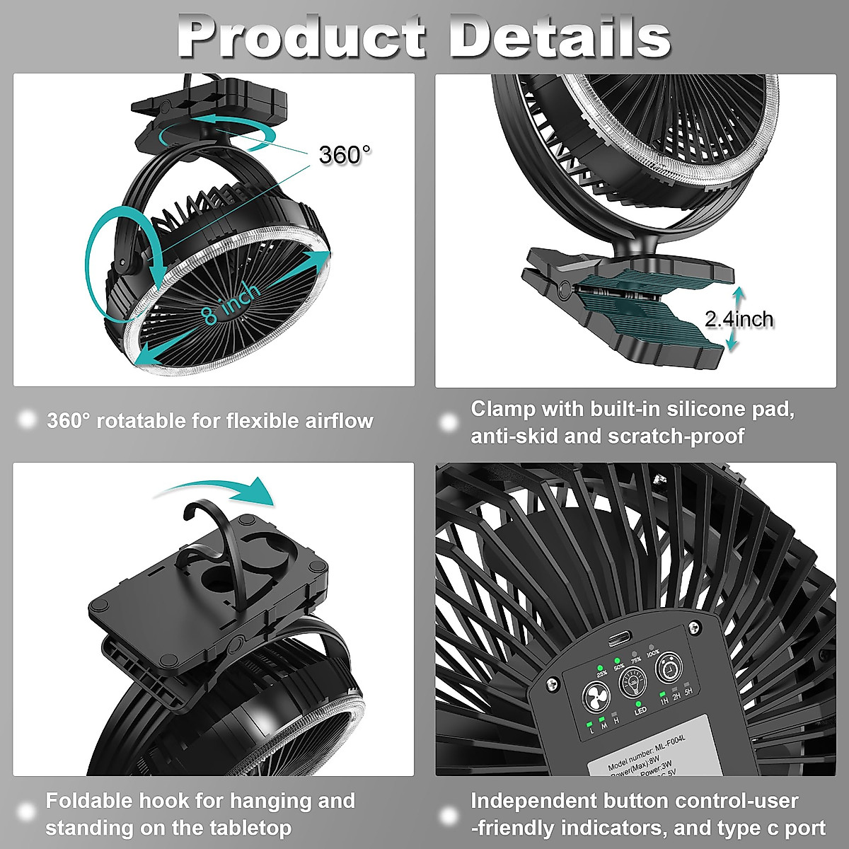 Battery Operated Fan, 10000mAh Camping Fan Battery Powered, 8'' Rechargeable Portable Desk Fan for Bedroom Office, Cordless Clip on Fan with Hook, Light for Golf Cart Outdoor Camping Tent RV Car Bed