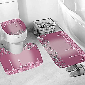 Glitter Diamond Shower Curtain for Bathroom Set Decor with Non-Slip Rugs Bath U-Shaped Mat Toilet Lid Cover Pink Bathroom Curtains Shower Set with 12 Hooks, Glitter Siamond Bathroom Set
