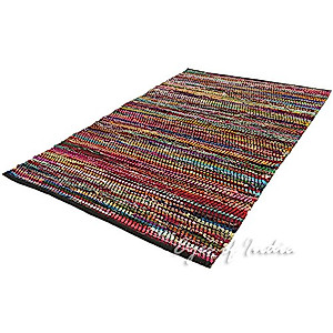Eyes of India - 4 X 6 ft Black Colorful Chindi Woven Area Rag Rug Braided Bohemian Accent Boho Chic Decorative Indian Handmade Handwoven