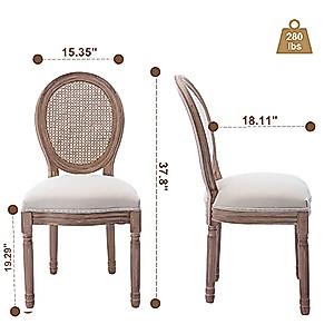 Recaceik French Country Dining Chair Set of 2, Farmhouse Dining Room Chairs with Rattan Round Back & Rubber Wood Legs Finish, Upholstered Kitchen Chairs for Dining Room/Living Room/Restaurant, Beige