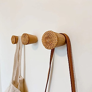 Bohoify 3pc Boho Rattan Wicker Woven Wood Wall Hooks, Handmade Wall Mounts, Rustic Wooden Hook for Hats, Scarfs, Bags, Decorative Home Decor Bathroom Clothes Hanger Organizer (50mm x 35mm, Caramel)