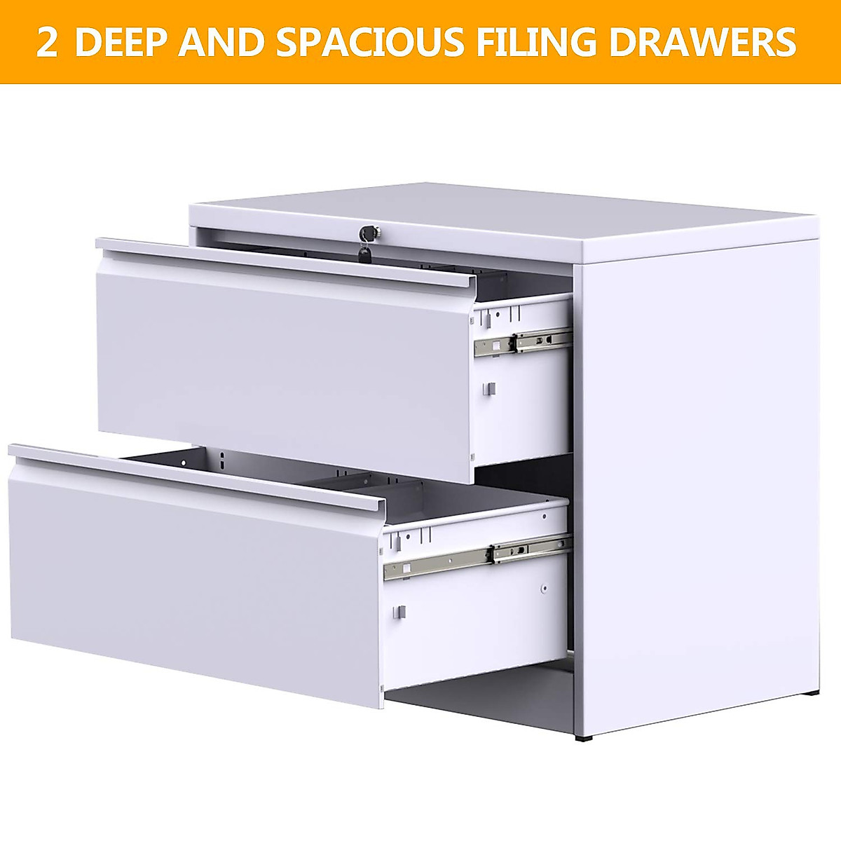 ModernLuxe File Cabinet, White Lockable Heavy Duty Metal Lateral File Cabinet with 2 Drawers