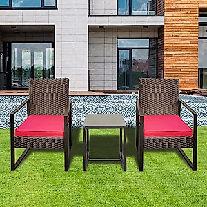 YIYAN 3 Pieces Outdoor Furniture Set Patio Rattan Wicker Chairs & teatable,Lawn Garden Balcony Backyard,with Washable Cushion (Red)