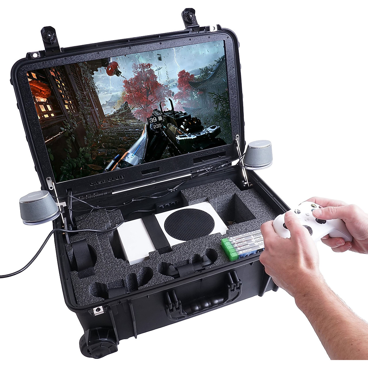 Case Club Gaming Station to Fit Xbox Series X or S. Comes with Built-in 24" 1080p Monitor, Cooling Fans, & Speakers. Fits Console, Controllers, & Games, which are NOT Included