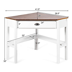 Tangkula Corner Desk, Corner Computer Desk with Drawer for Small Space, Small Corner Makeup Vanity Desk, 90 Degrees Triangle Corner Desk with Storage Shelves (Natural & White)