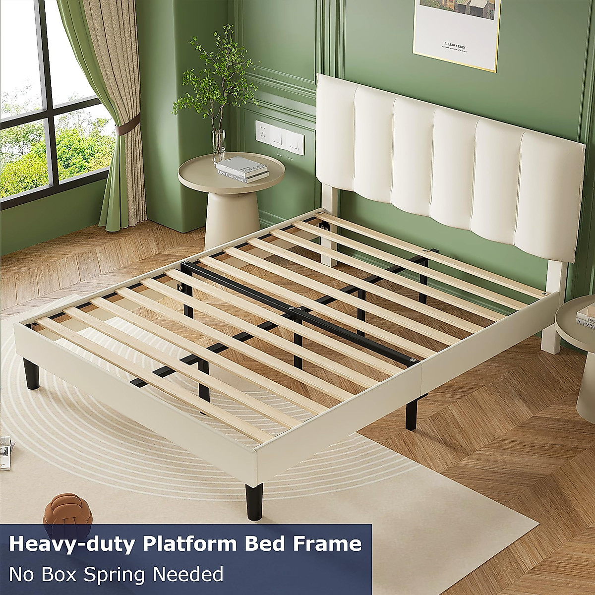 VECELO Full Bed Frame with Upholstered Headboard, Heavy-Duty Platform Bedframe with Strong Wooden Slats Support, No Boxing Spring Needed, Pale Beige