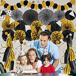 ZERODECO Party Decorations, 41 Pcs Black and Gold Papar Fans Pompoms Garlands String Tissue Paper Tassel for Graduation Congrats Grad New Years Wedding Birthday Party