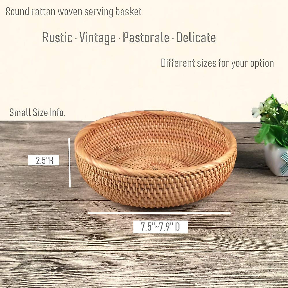 amololo Hadewoven Round Rattan Fruit Basket Wicker Food Tray Weaving Storage Holder Dinning Room Bowl, 8 Inch Small Bread Baskets Tray for Serving with Deep Wall, Brown (Small 7.48”)