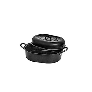 Granite Stone Oval Roaster Pan, Medium 18.8” Ultra Nonstick Roasting Pan with Lid, Grooved Bottom for Basting, Broiler Pan for Oven, Dishwasher Safe, Up to 15lb Turkey / Roast, Serves 6 – 12 Guests