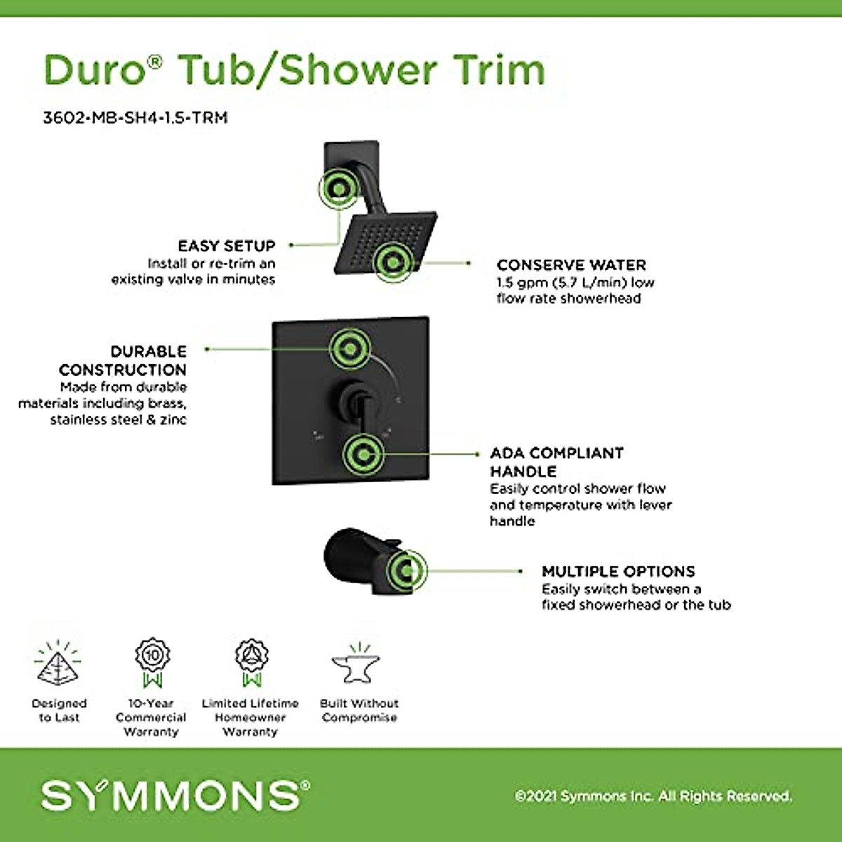 Symmons 3602-MB-SH4-1.5-TRM Duro Single Handle 1-Spray Tub and Shower Faucet Trim in Matte Black - 1.5 GPM (Valve Not Included)